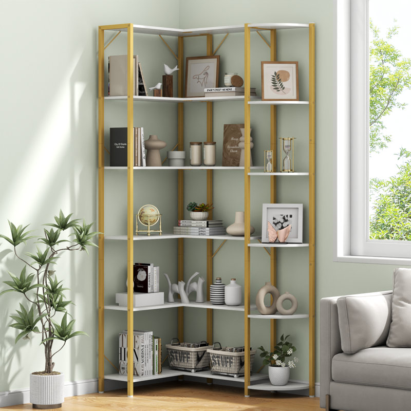 Corner Shelf 6 Tier Corner Bookcase Tall Modern Corner Bookshelf Storage Display Rack Open Book Case For Bedroom Home Office Living Room Gold